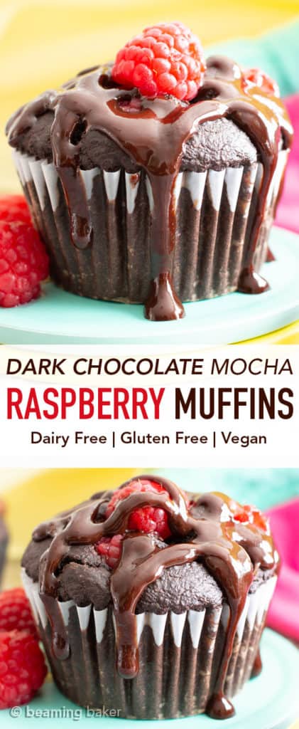 Vegan Dark Chocolate Raspberry Mocha Muffins (Gluten Free) - Beaming Baker