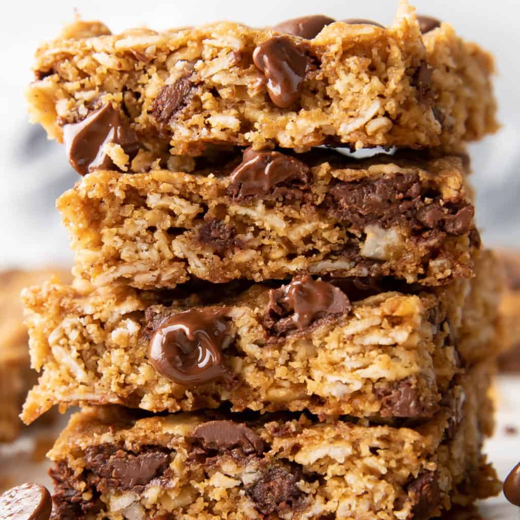 Oatmeal Chocolate Chip Cookie Bars - Healthy - Beaming Baker
