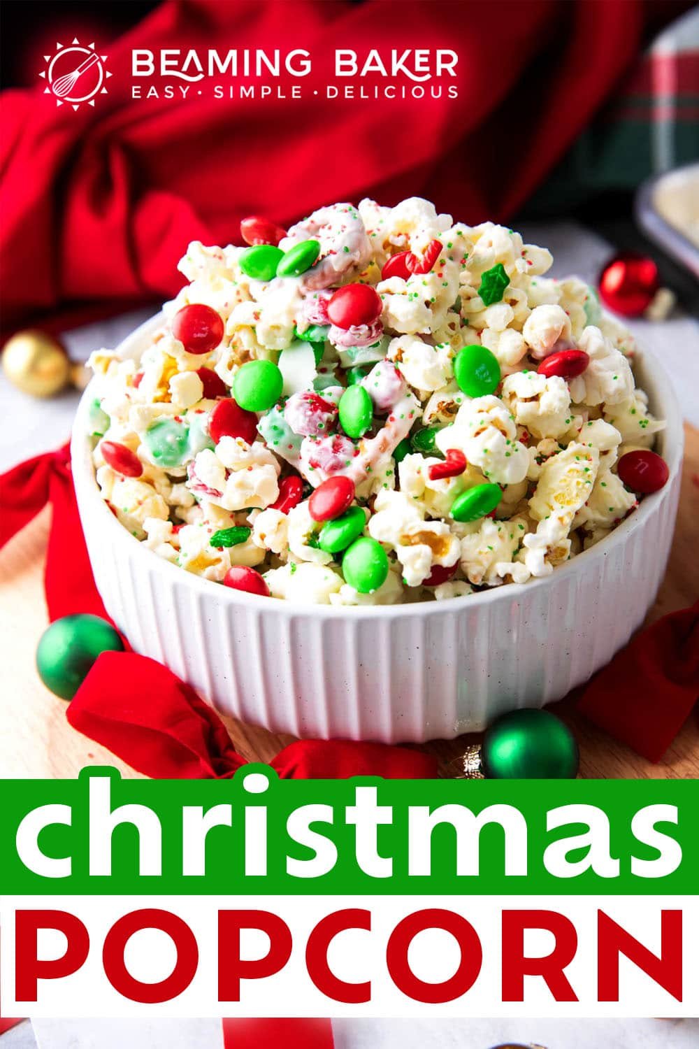 White Chocolate Christmas Popcorn Recipe - Beaming Baker